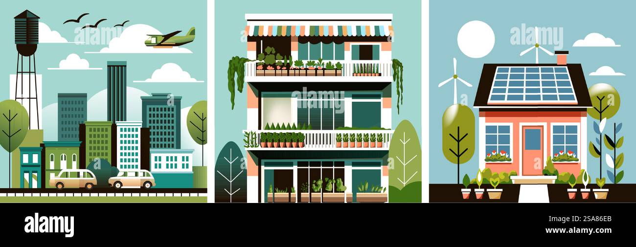 Vector concept art of a sustainable city with green buildings and clean ...