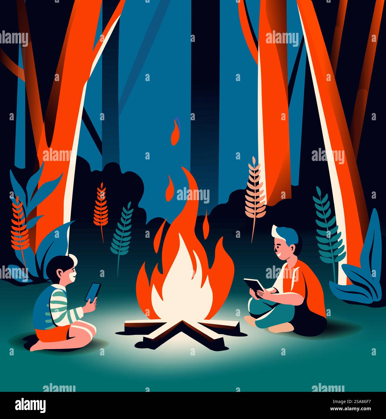 Vector illustration of a cozy campfire setting with two individuals ...