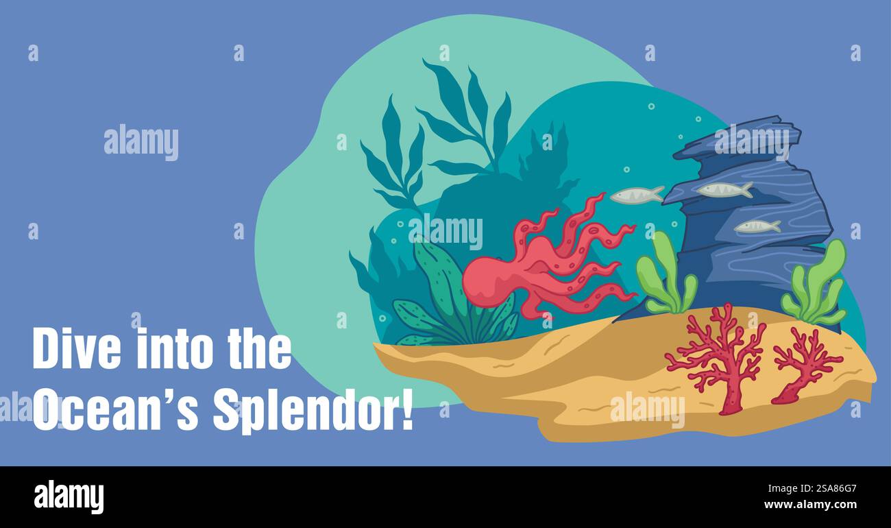 A colorful vector illustration showcasing diverse marine life and coral ...