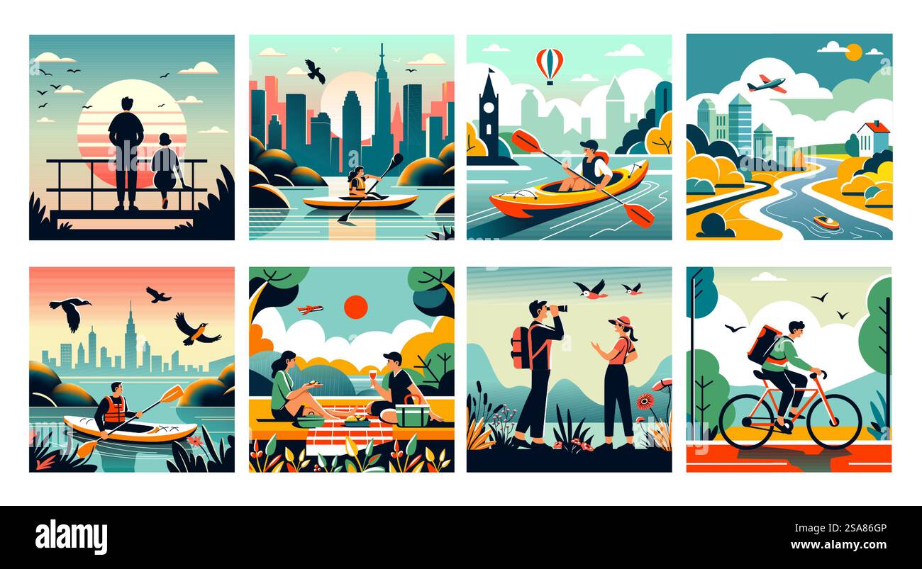 Peaceful sunset watching scene, vector illustration in flat design ...