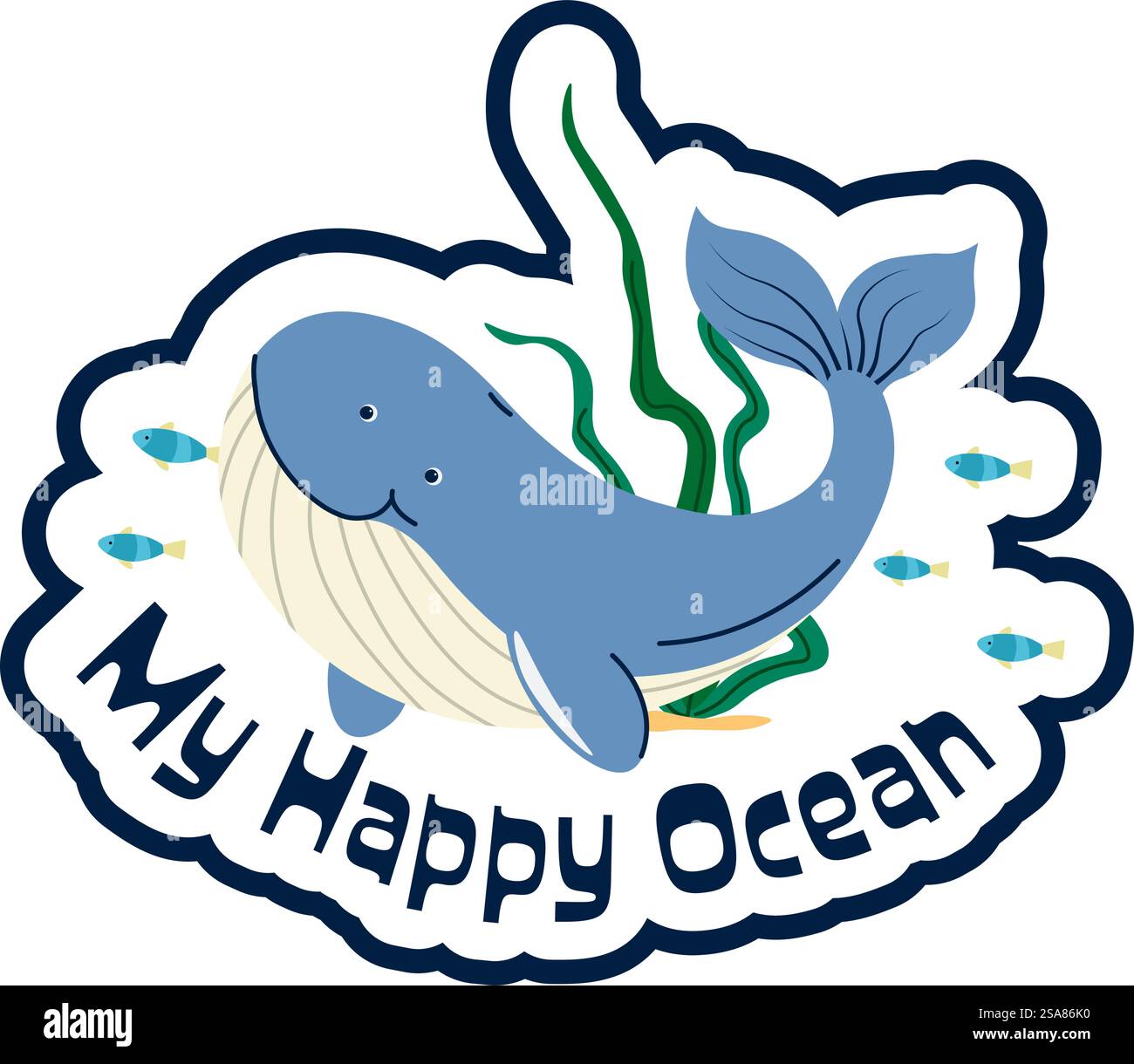 Joyful whale with fish friends, vector illustration, isolated on white ...