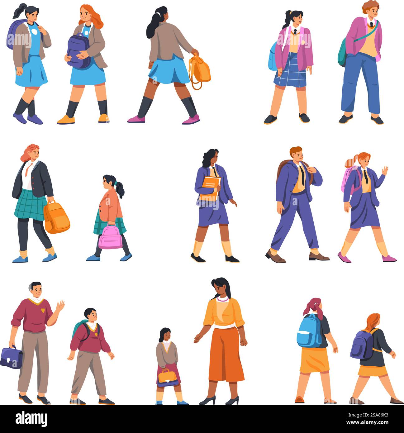 Set of cartoon pupils or students in school uniform with backpacks ...