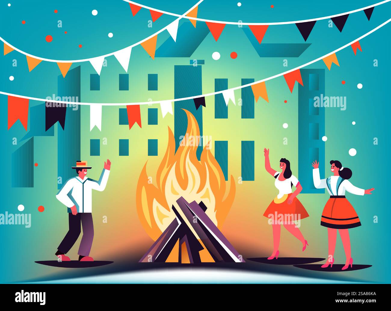 A vector representation of a bonfire night celebration, with figures ...