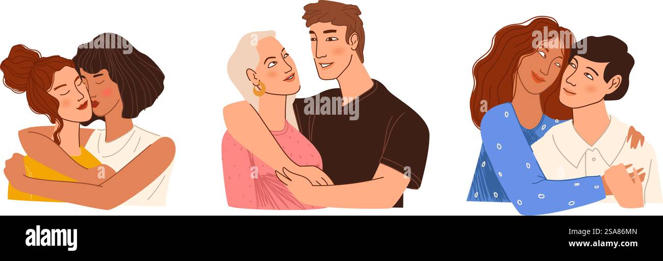 Illustration of couples embracing affectionately, vector art depicting ...