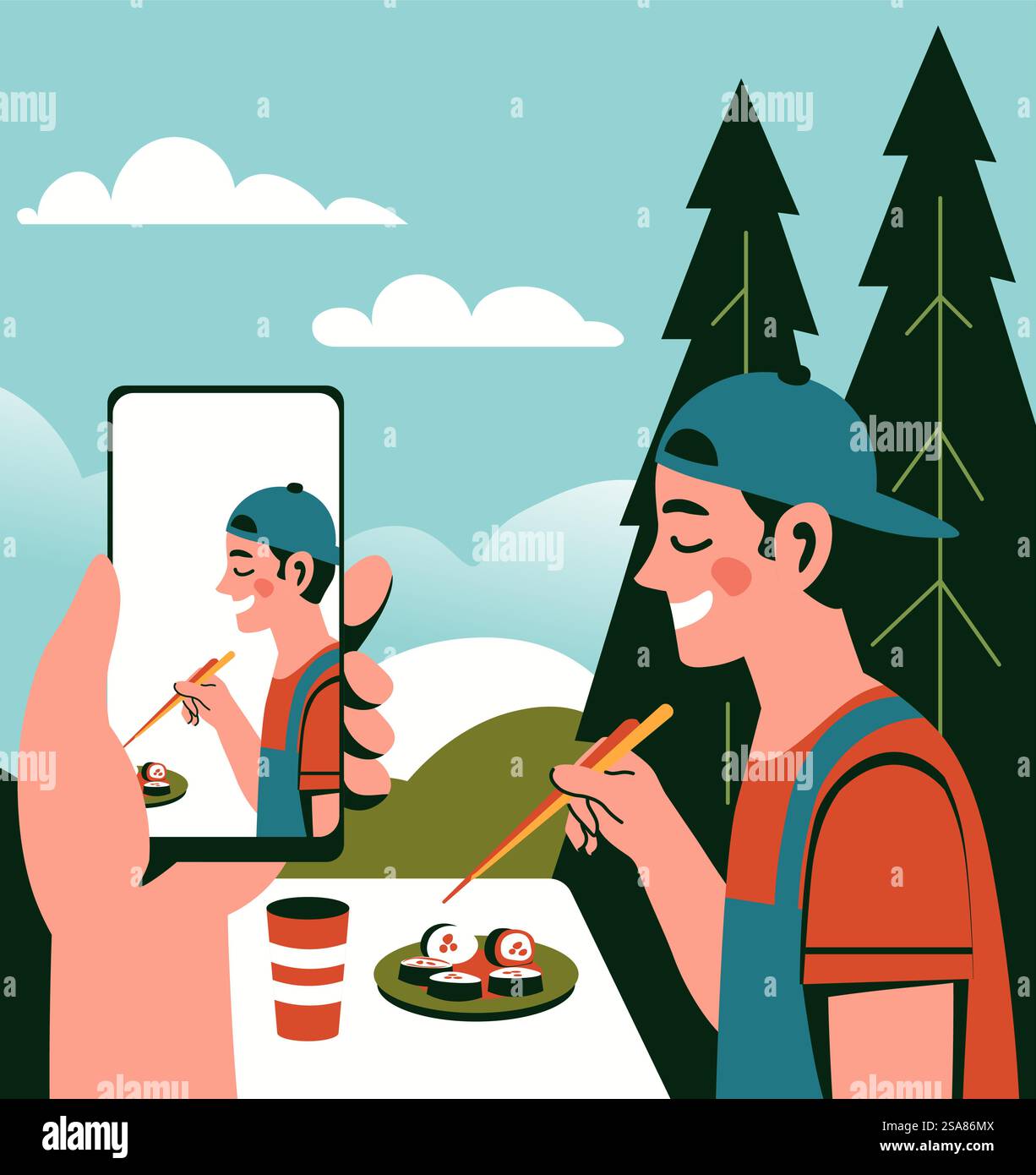 Group of friends sharing sushi, vector illustration of outdoor dining ...