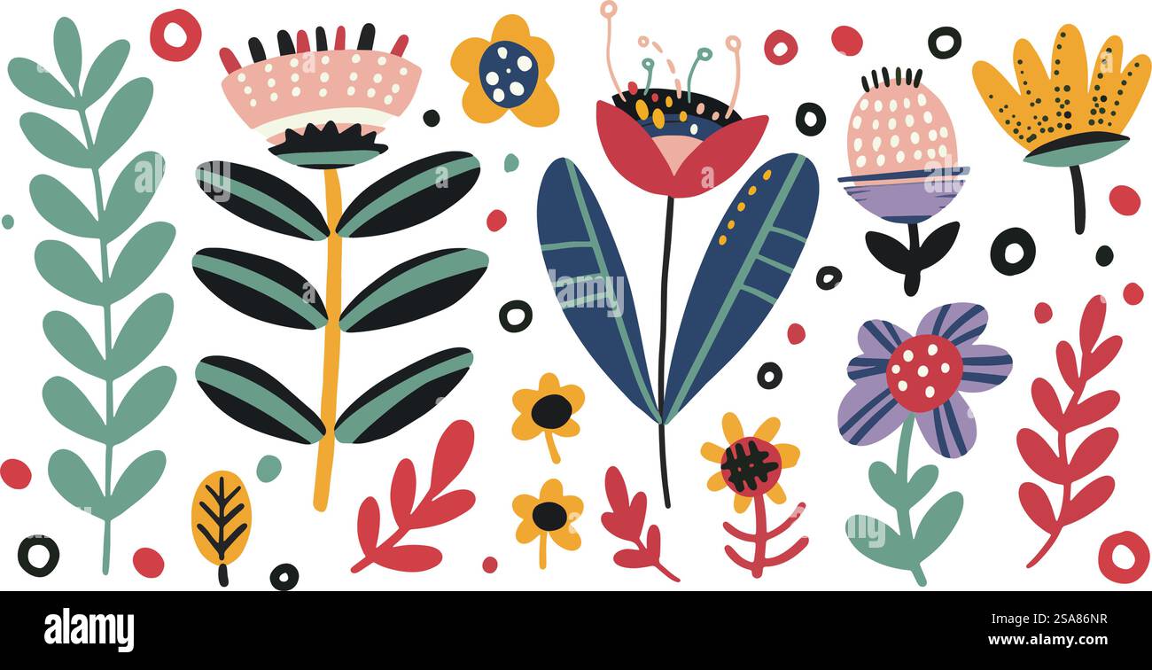 A set of vector illustrations featuring hand-drawn botanical elements ...
