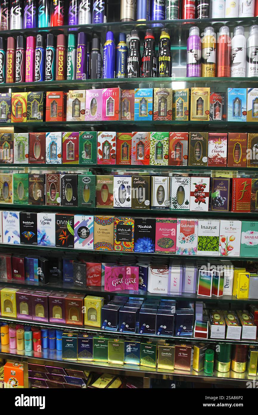 Stacking of perfume and deodorant bottles in a fragrance shop Stock ...