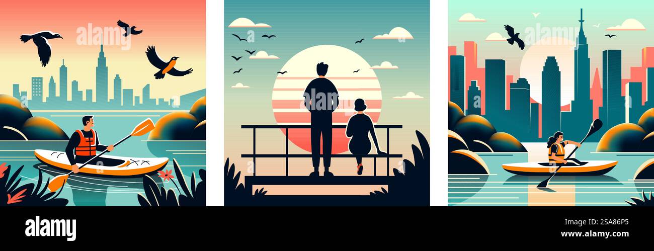 Couple silhouetted against city sunset, vector illustration, capturing ...