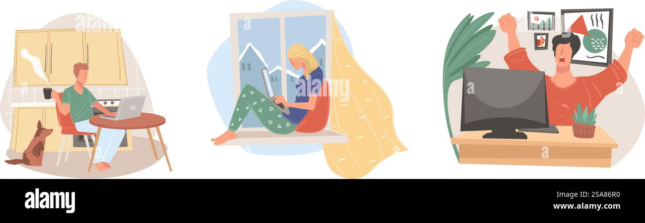 Vector depiction of everyday home activities, casual and relaxed in ...