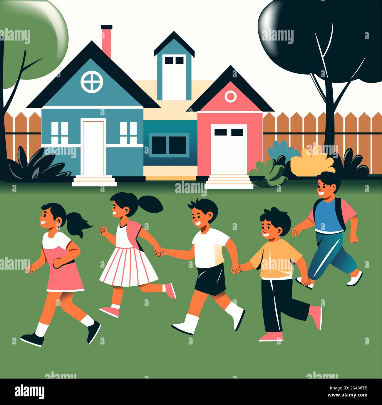 Vibrant vector illustration depicting kids playing outside colorful ...