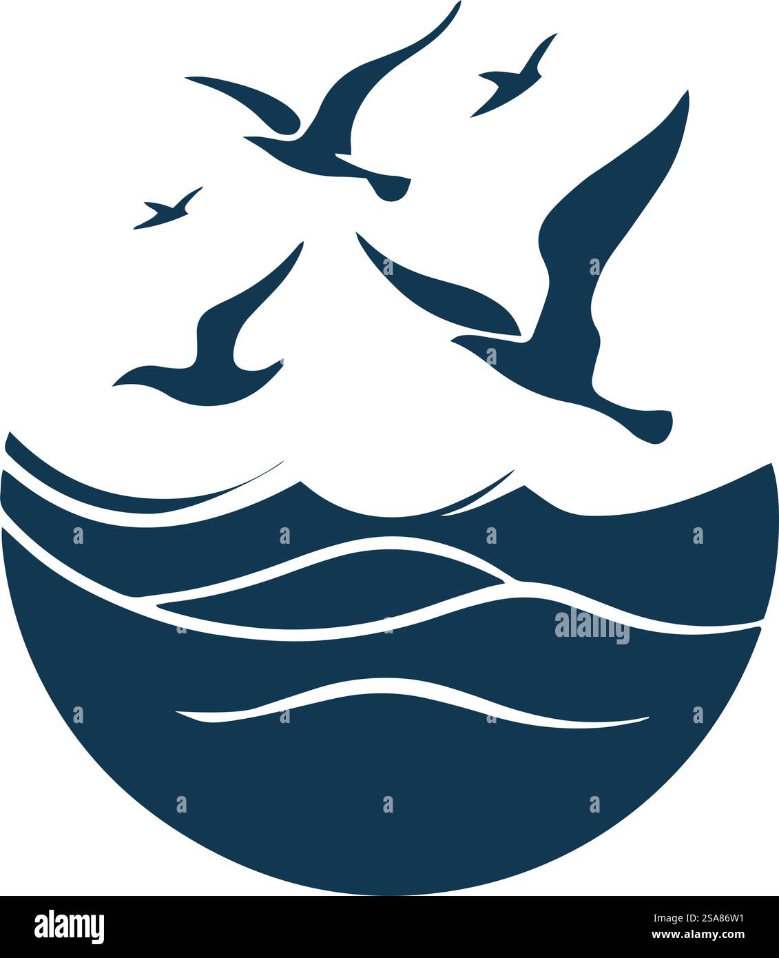 Vector illustration of seagulls flying over stylized ocean waves ...
