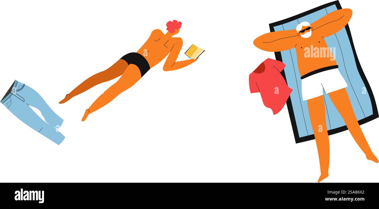 Vector illustration of individuals reading and sunbathing on the beach ...