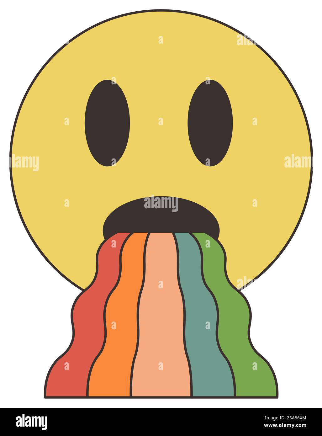 Whimsical emoji with a rainbow vomiting mouth, vector illustration, isolated on white, captures ...