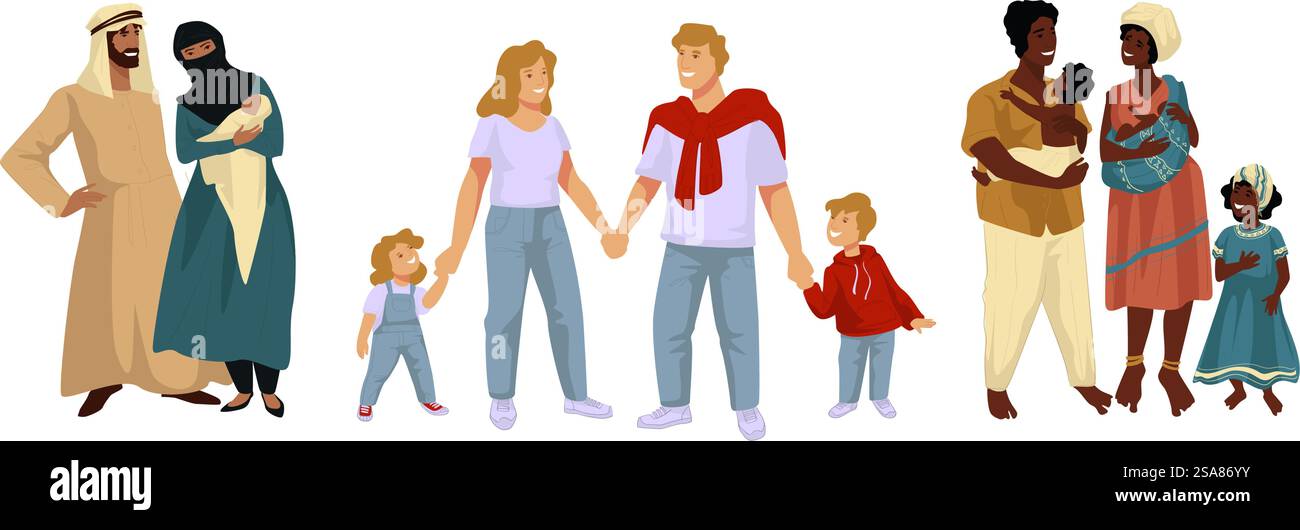 Diverse family groups, vector illustration, showing unity and cultural diversity, isolated on ...