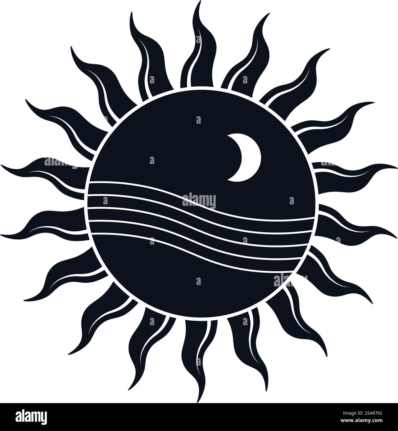 A black and white vector depicting a stylized sun and crescent moon ...