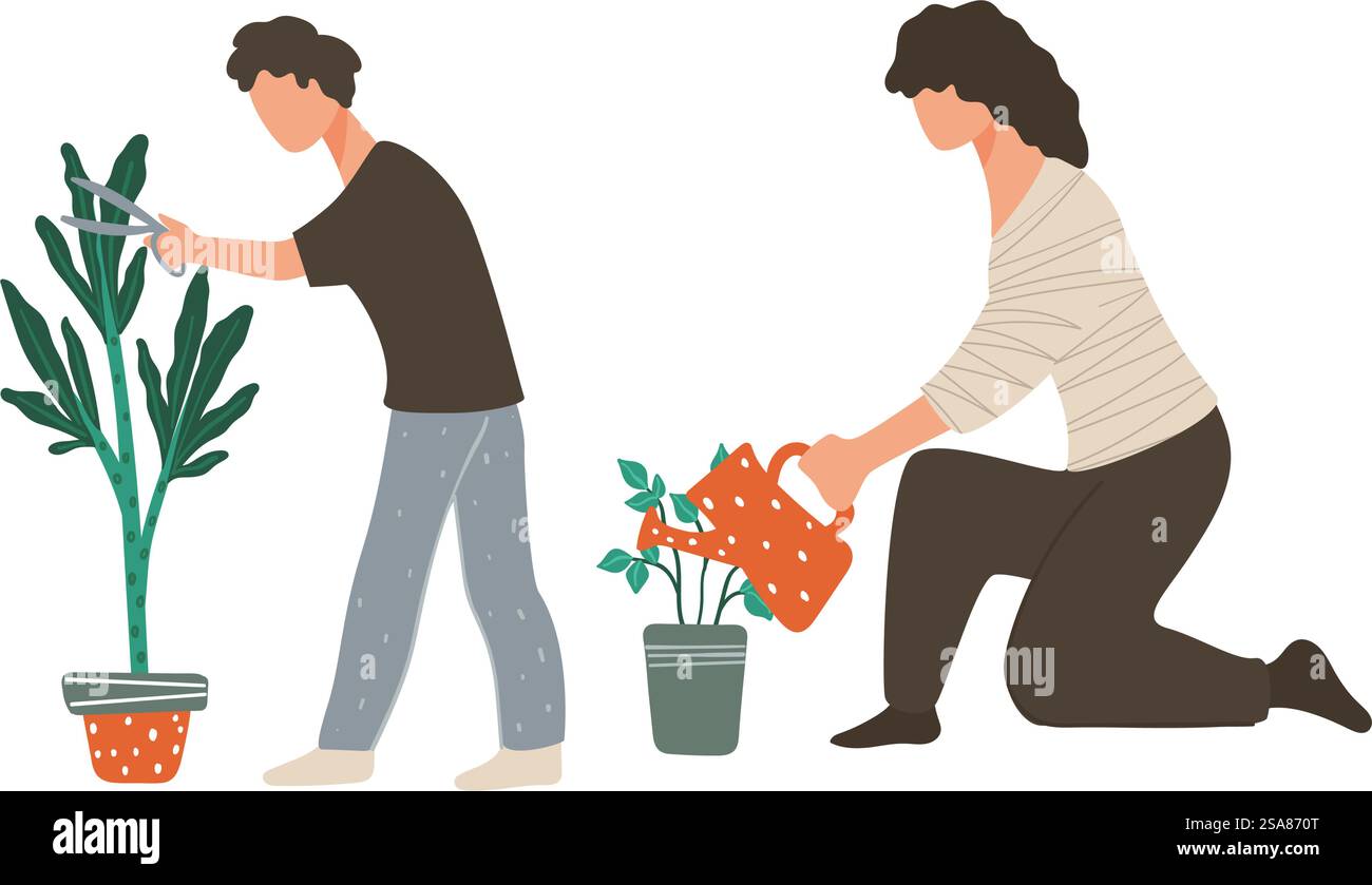 Two animated characters gardening with plants, in a simple vector style ...