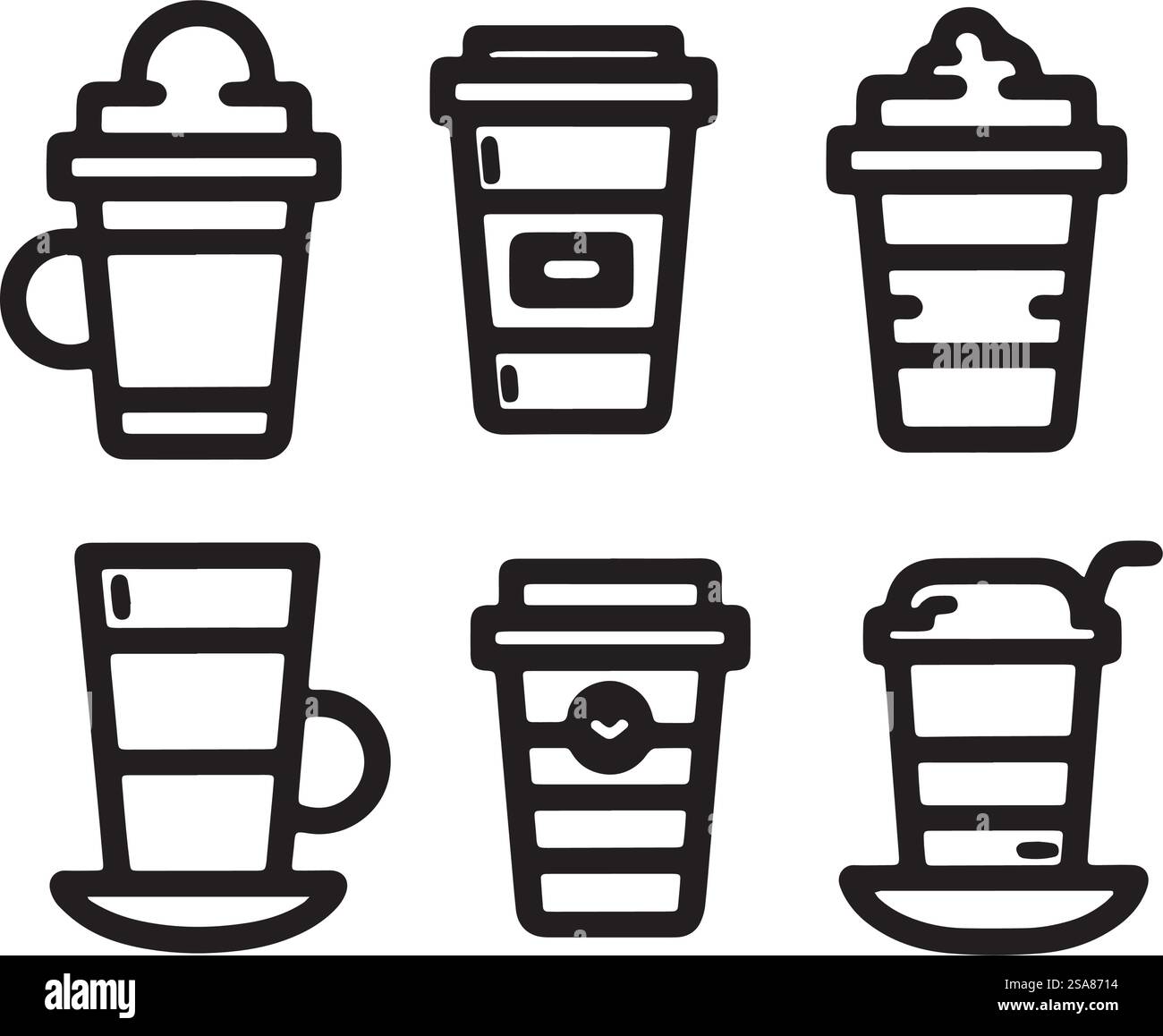 Vector illustration of various stylized coffee cups, each with unique ...