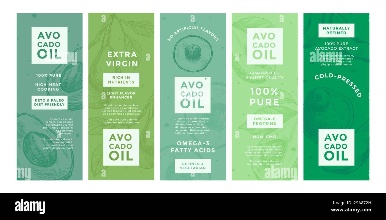Label design set for avocado oil product package. Sketch fruit element ...