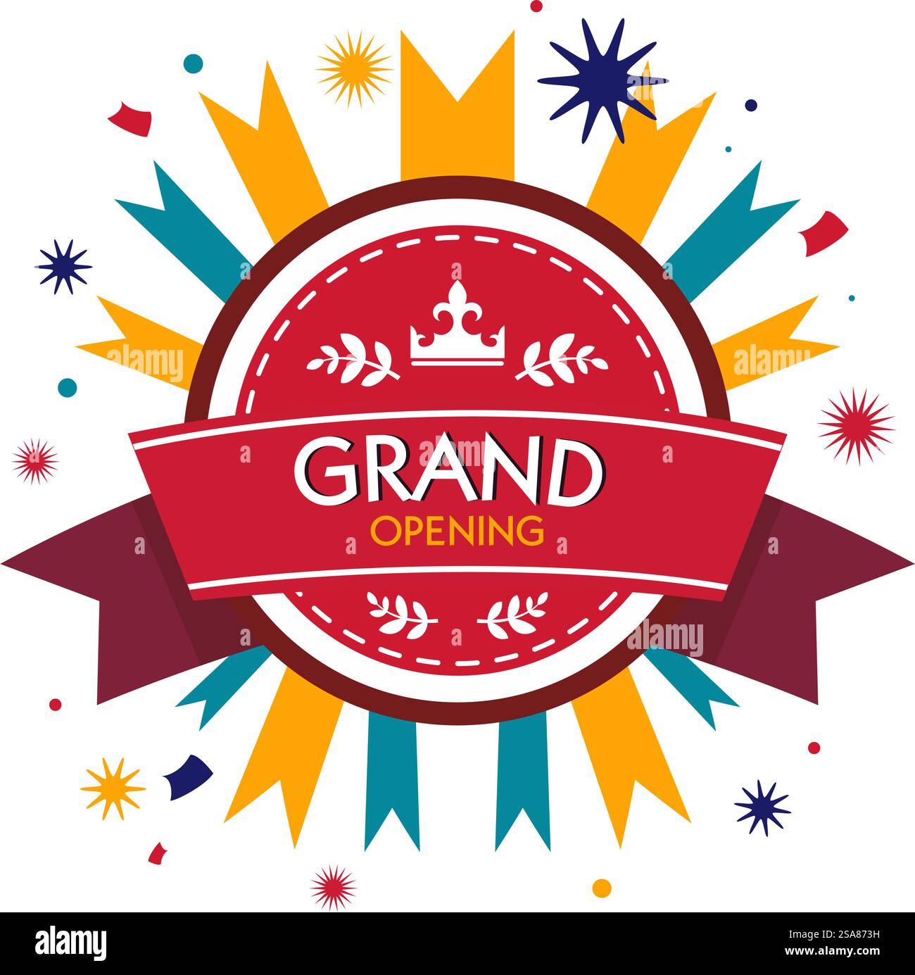 Colorful grand opening badge with ribbons and stars, isolated on white ...