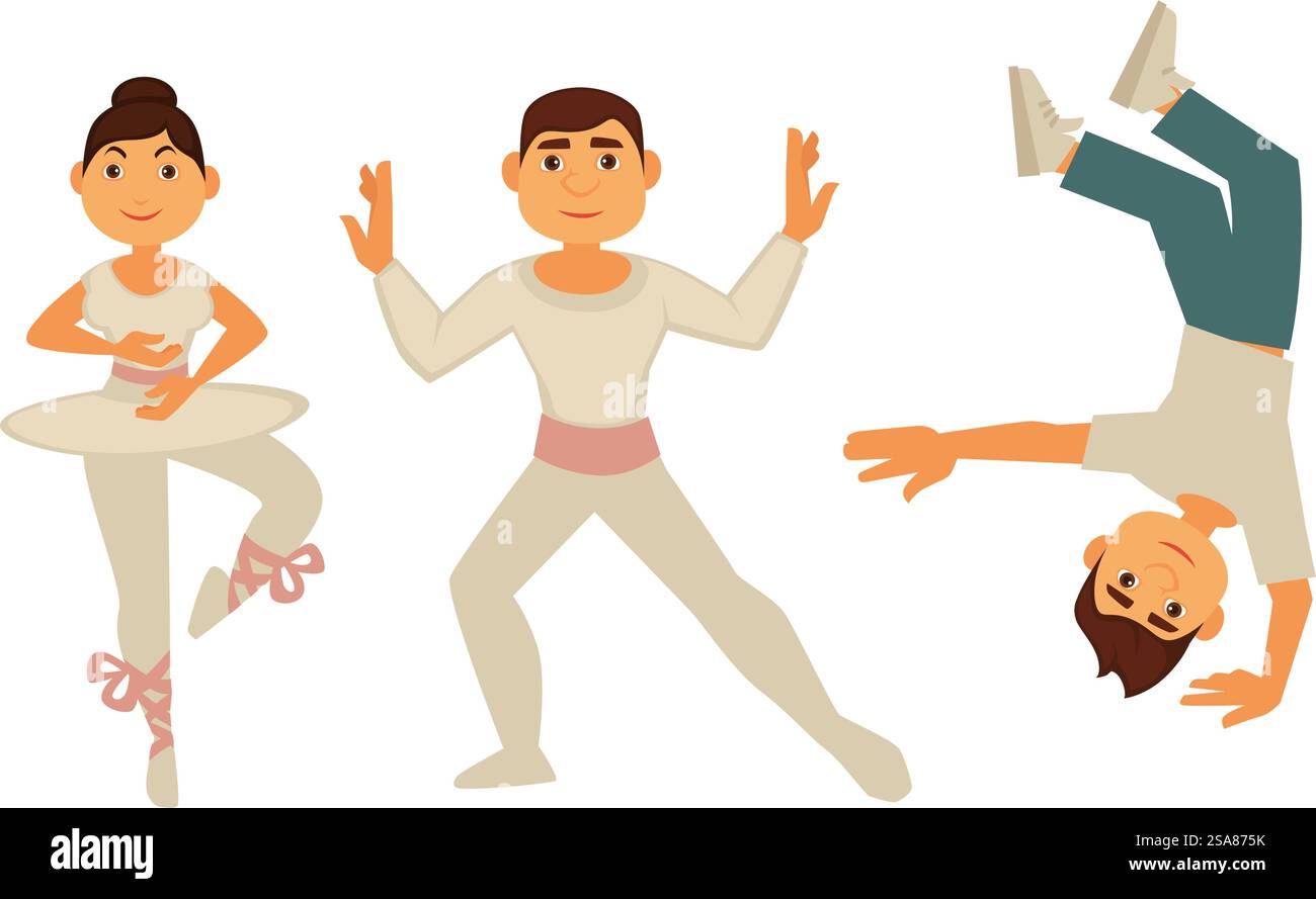 Illustration of individuals practicing diverse dance styles, vector ...