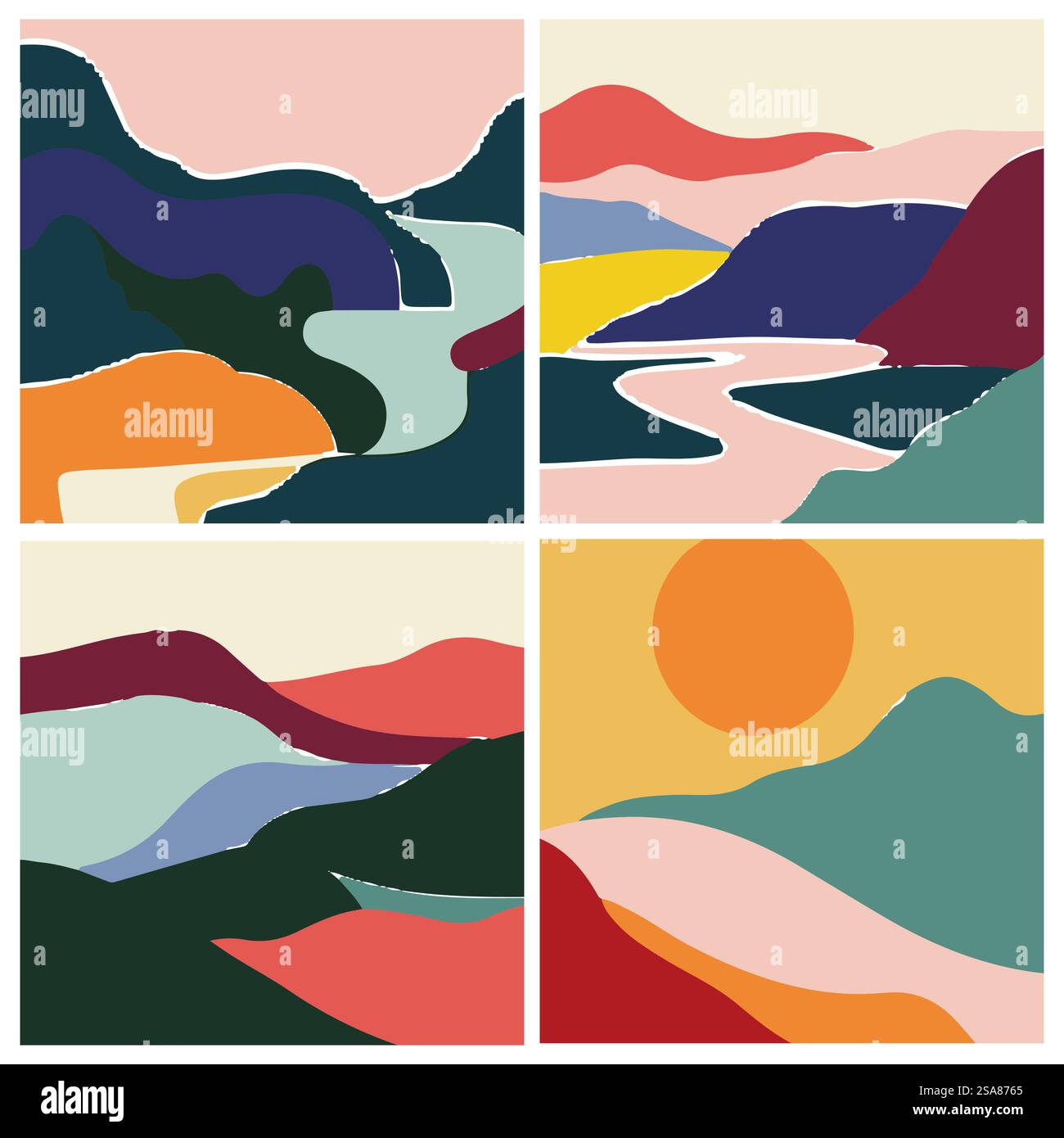 Modern vector illustrations of abstract landscapes composed of colorful blocks and shapes ...
