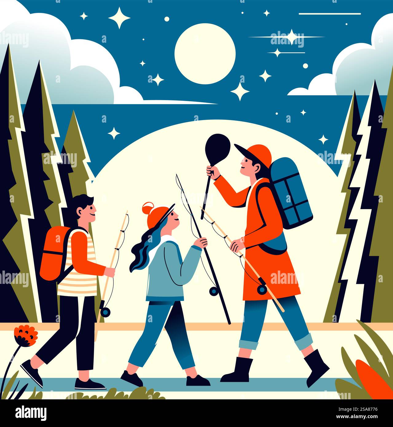 Vector illustration of hikers with lanterns at night, navigating ...