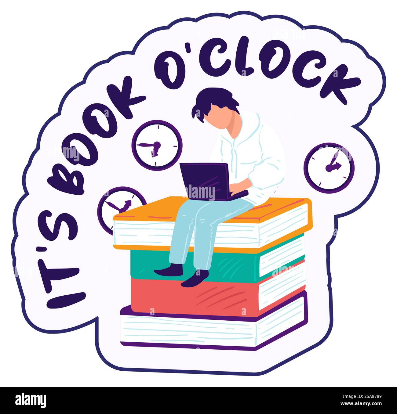 Man reading atop a stack of books, sticker vector, isolated on white ...