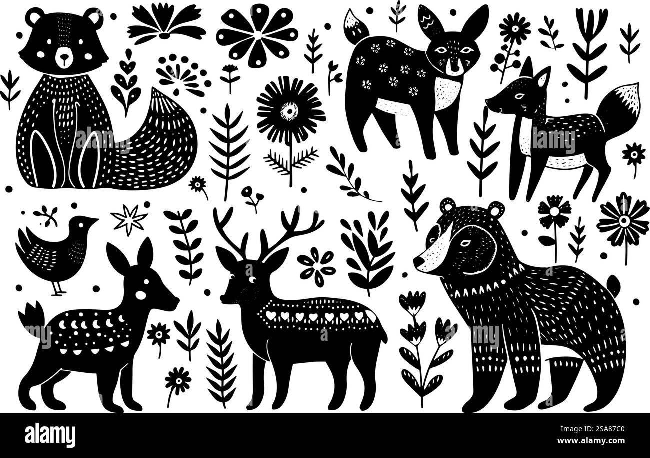 Vector illustration set of forest animals in a charming black and white ...