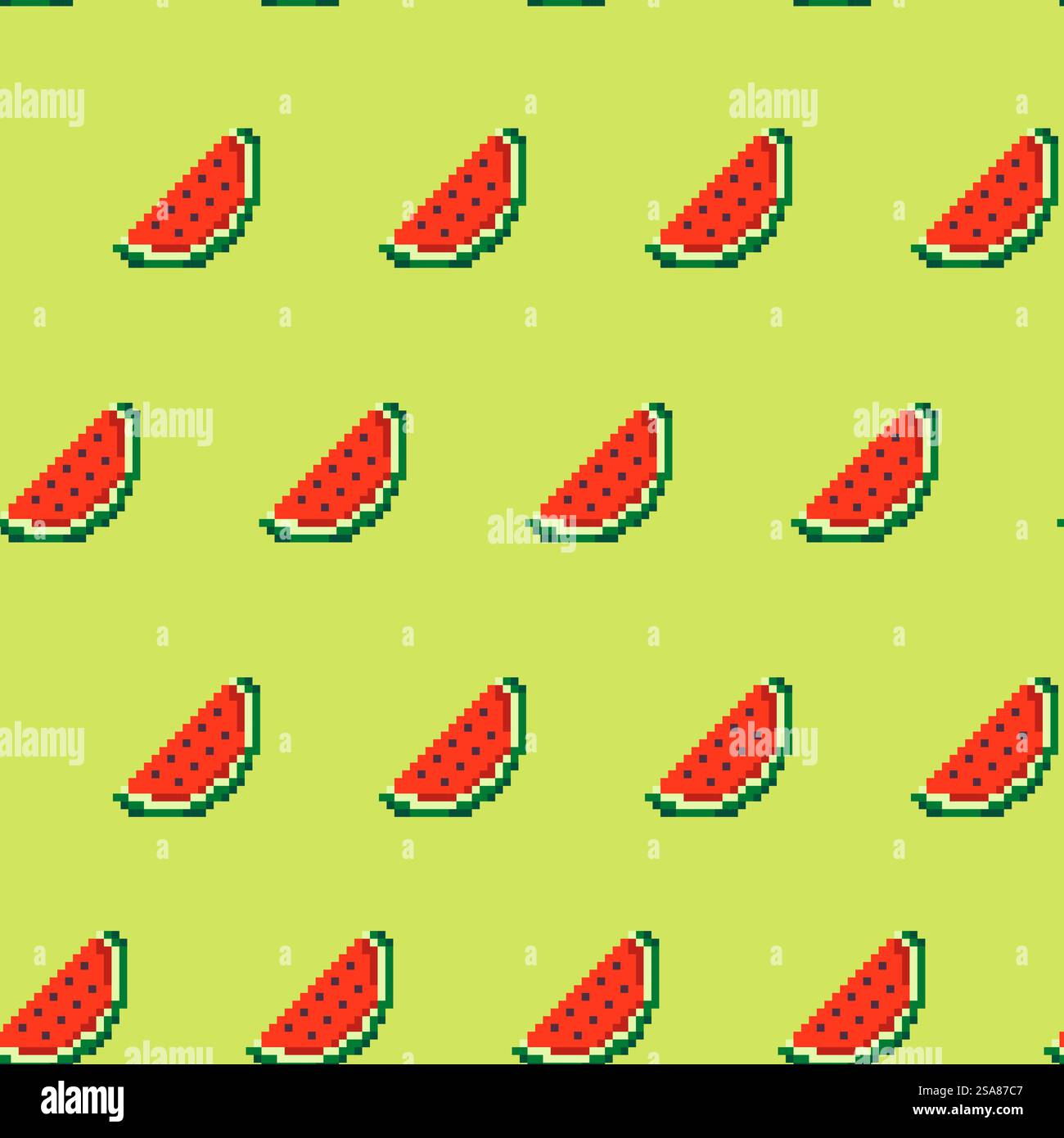 Seamless pattern with pixel art watermelons, designed in a retro style. Vector illustration on a ...