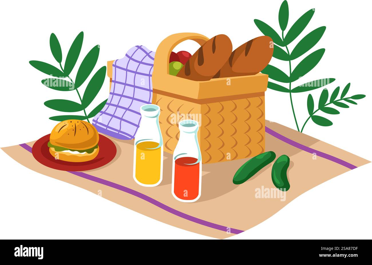 Illustration of a picnic basket with food items like sausages, wine ...
