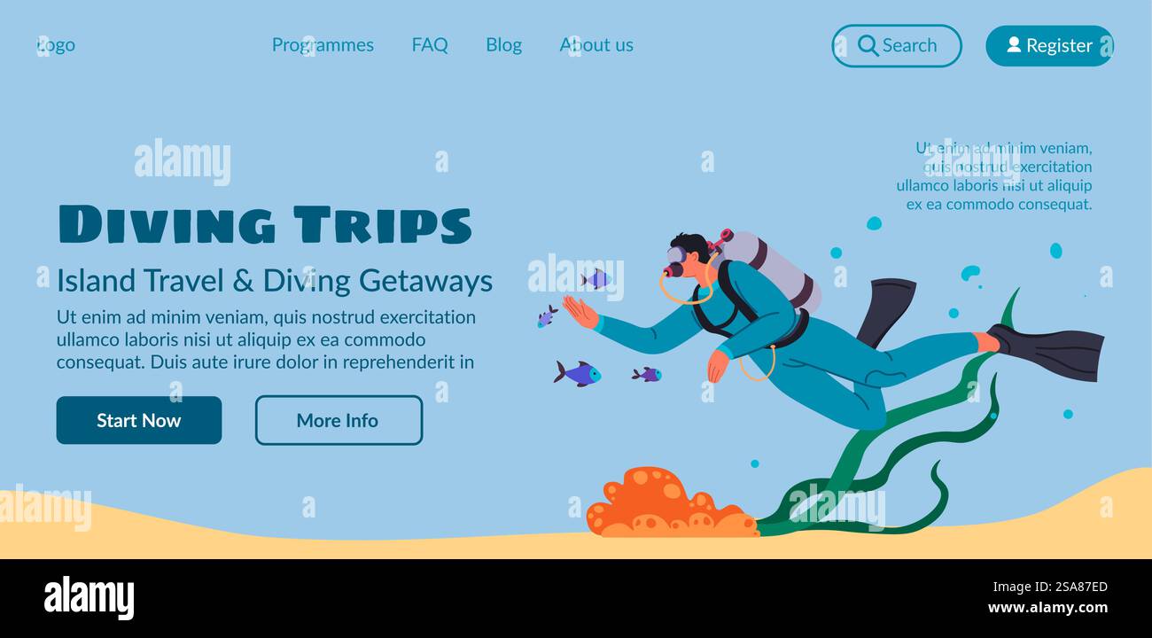 Website banner vector of a scuba diver with colorful fish, suitable for ...