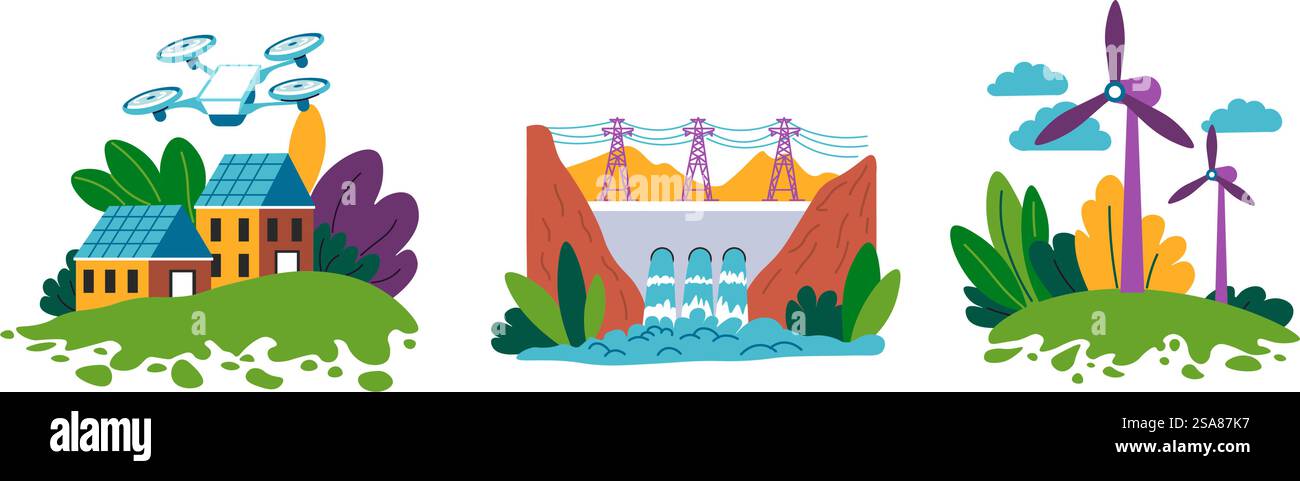 Illustration depicting sustainable energy solutions like solar panels ...