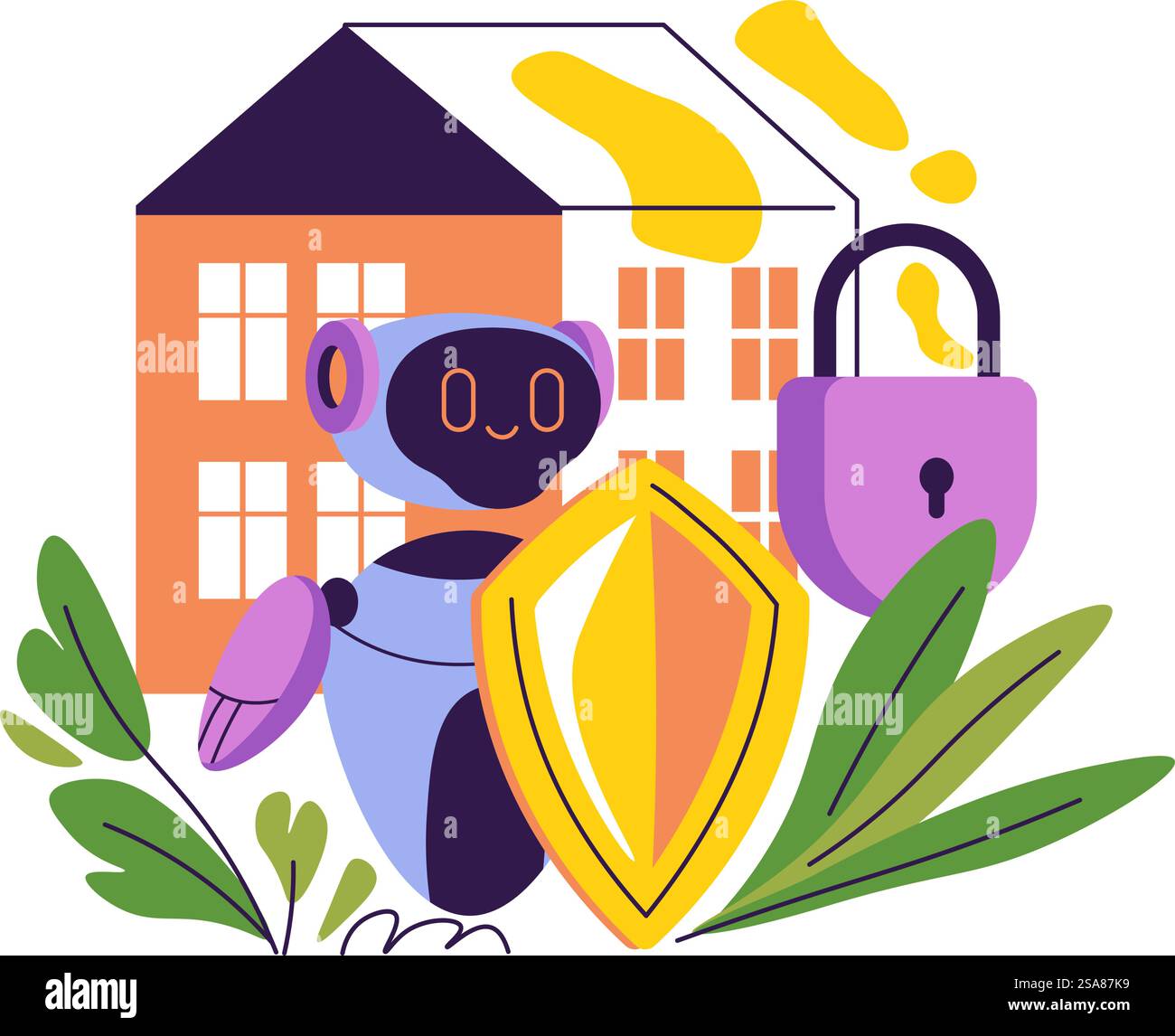 Illustration of a robot securing a home, in a colorful, modern flat ...