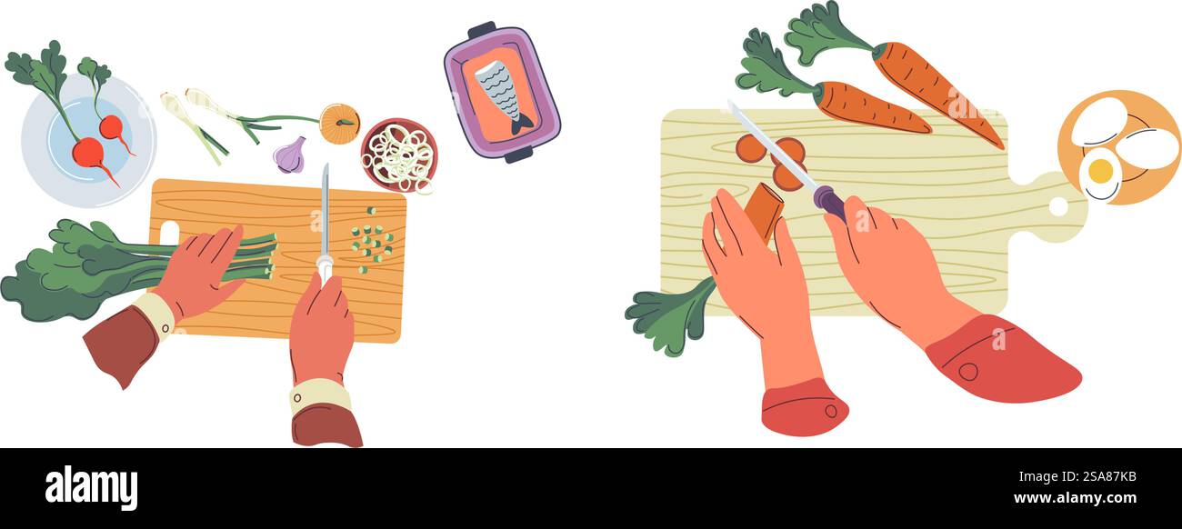Vector illustration of hands cutting vegetables on a chopping board ...