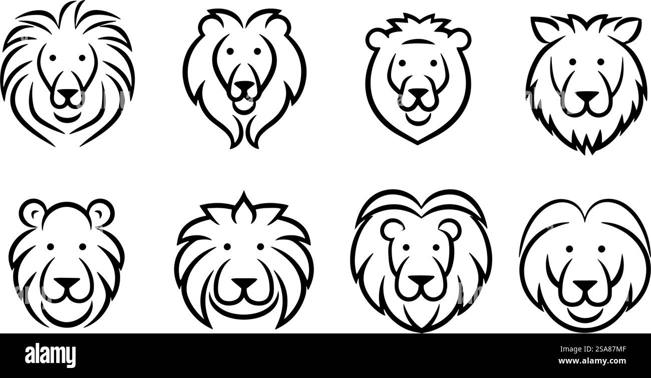 Stylized lion head, line art vector illustration, isolated on white ...