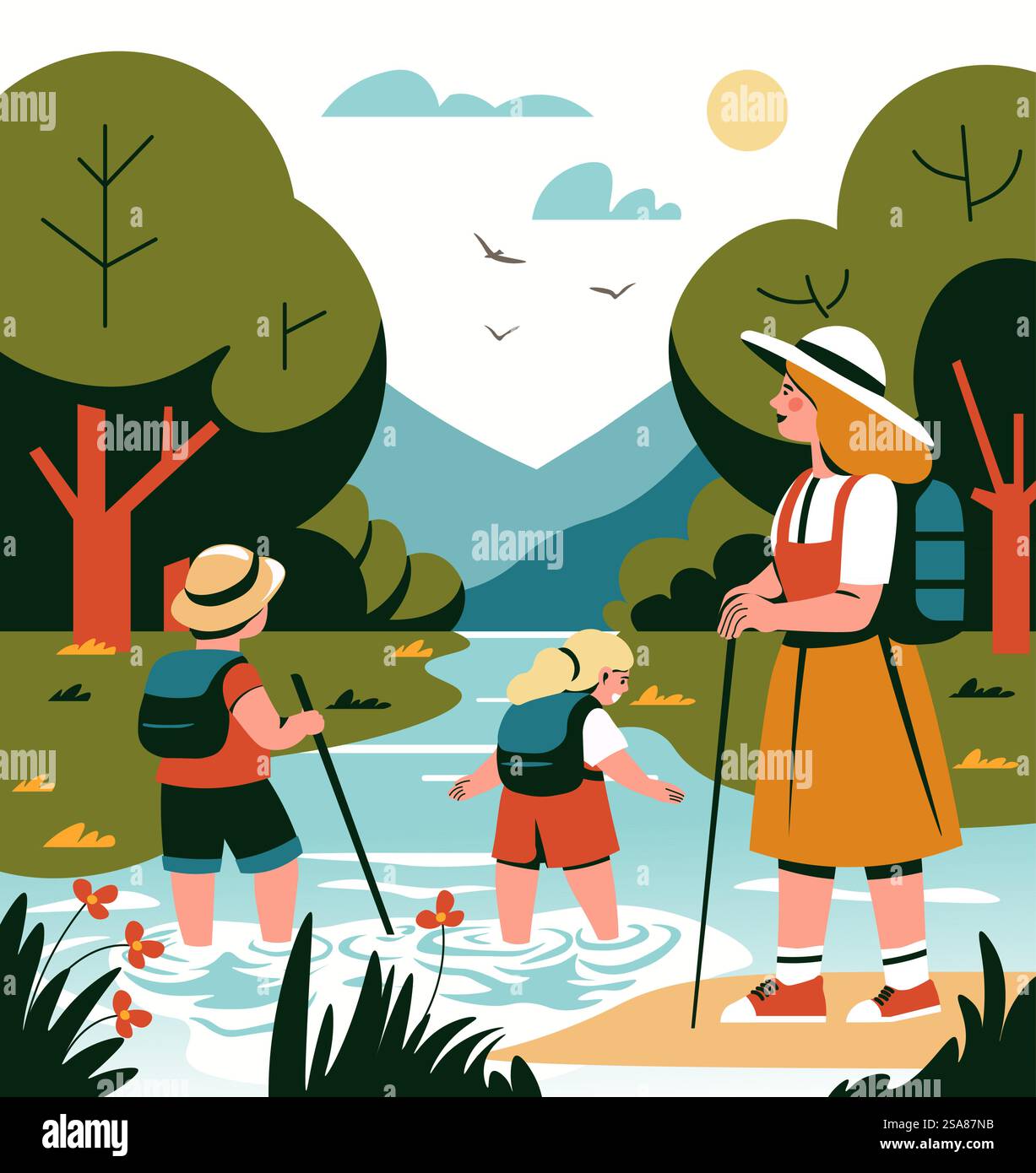 A family hikes in nature, vector illustration of outdoor leisure ...