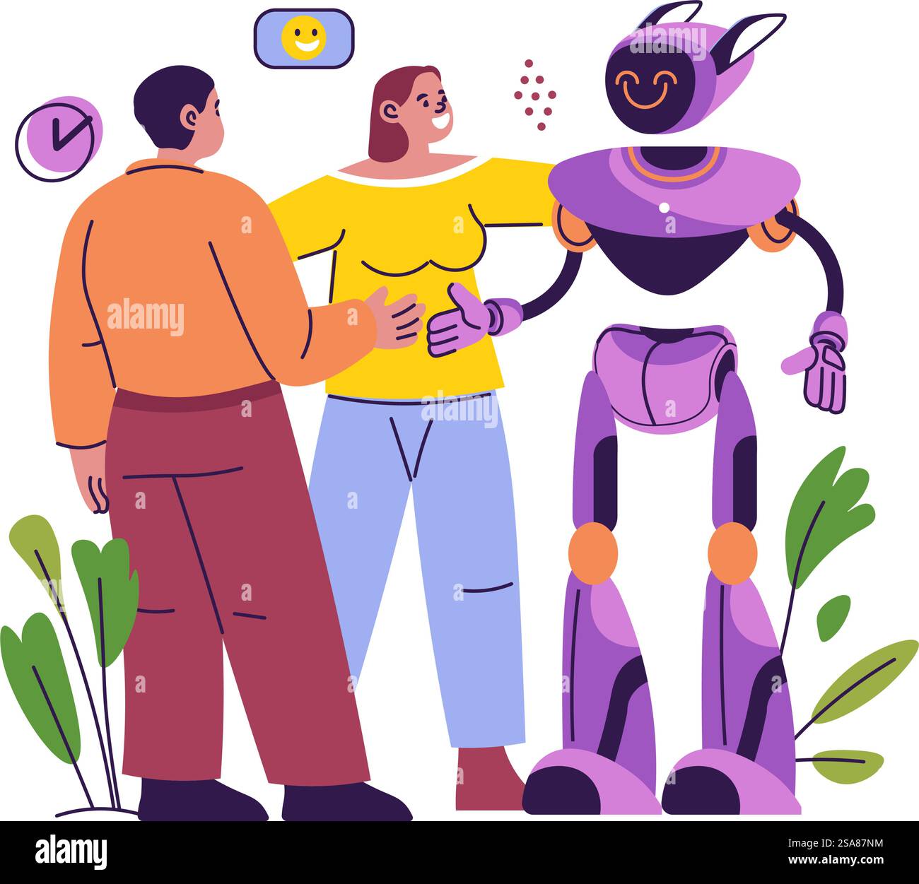 Illustration of a family interacting with a friendly robot, in a ...