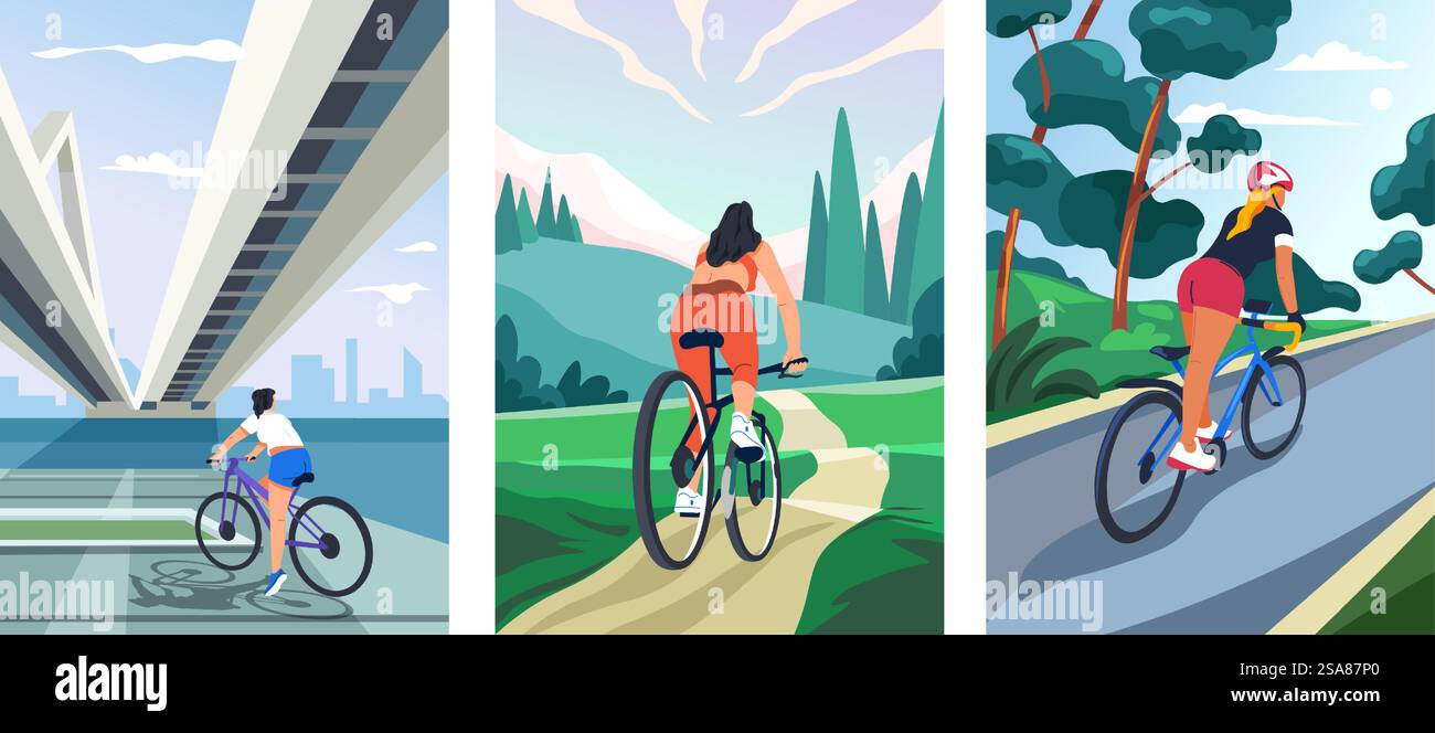 Cyclist riding on an urban bridge path in a vector illustration ...