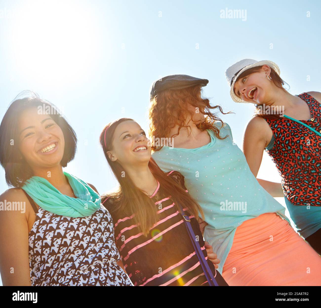 Group, smile and friends with girls in nature for school holiday ...