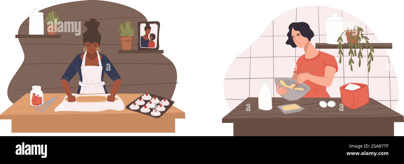 Vector illustration of a woman baking at home, detailed style, isolated ...