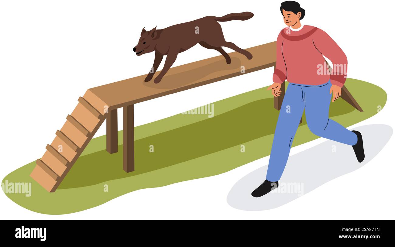 Man guiding a dog on a balance walk in an agility course in a vector ...