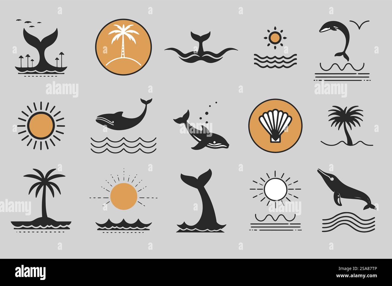 A set of nautical vector icons including whale tails, dolphins, palm ...