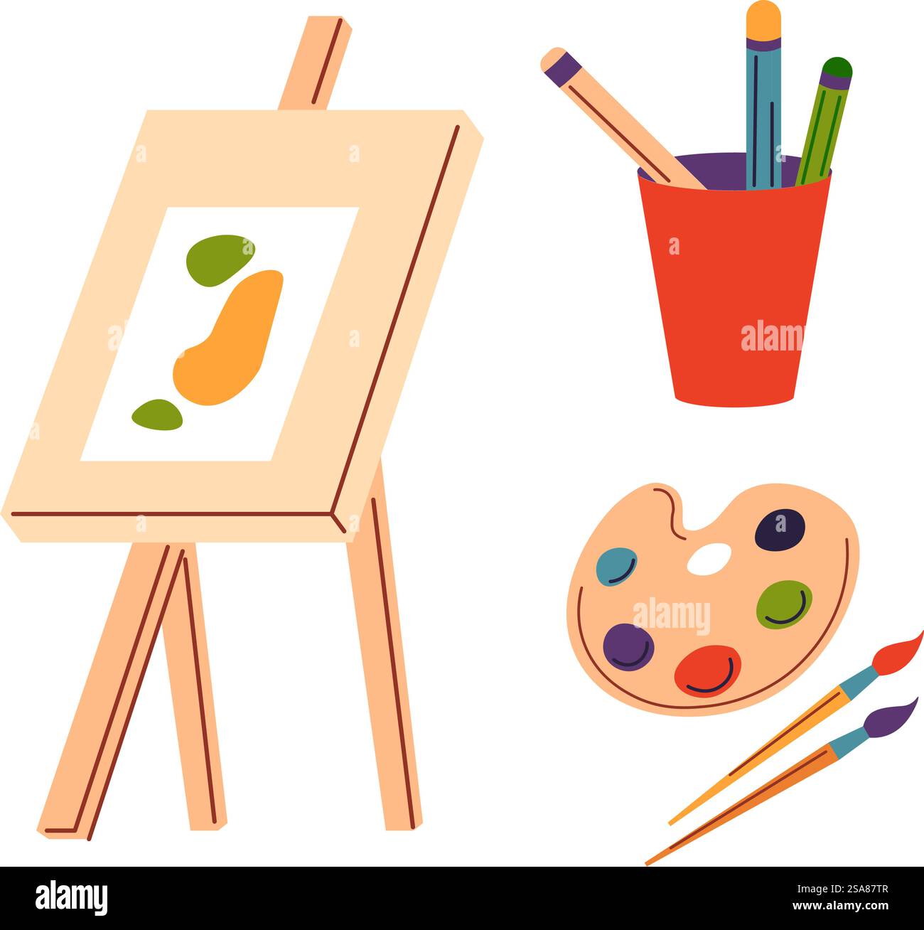 Vector illustration of art supplies including easel, paintbrushes, and ...