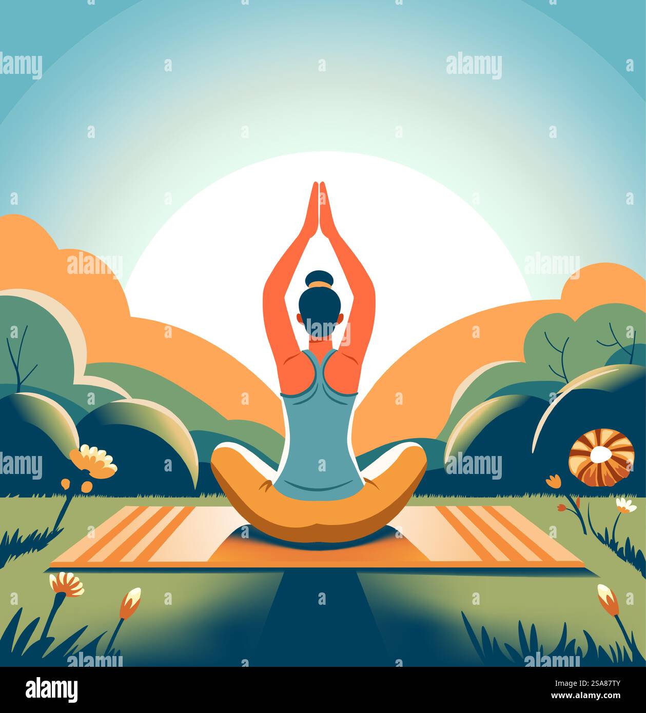 Vector illustration of a person meditating in a yoga pose in a peaceful ...