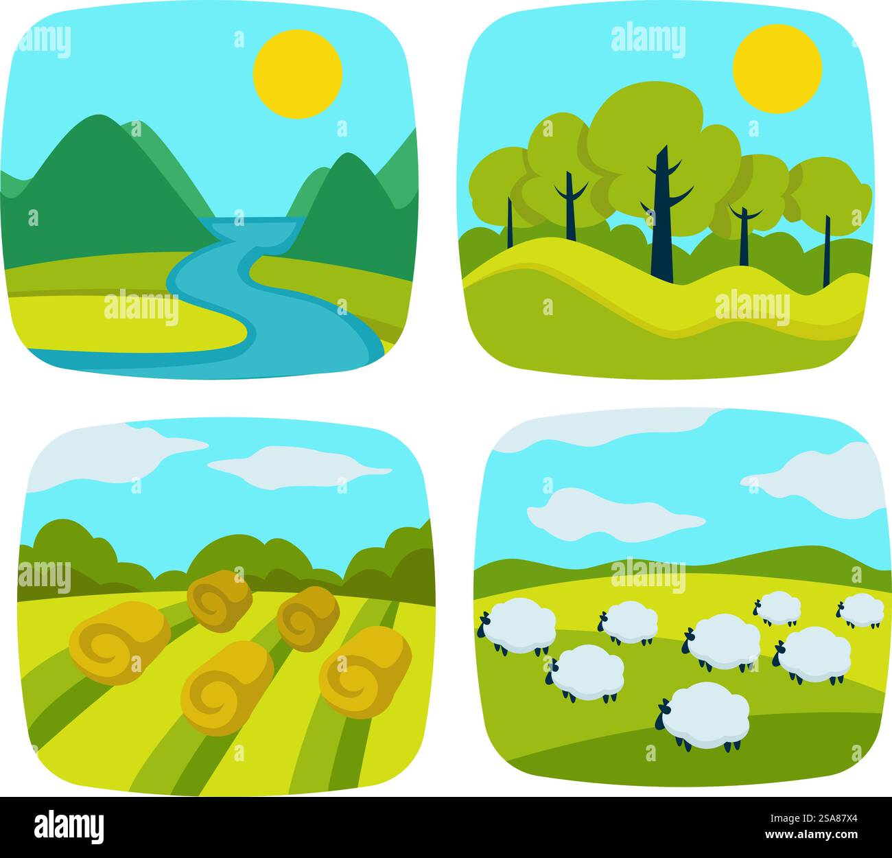 A collection of vector landscape scenes, showcasing tranquil nature for ...