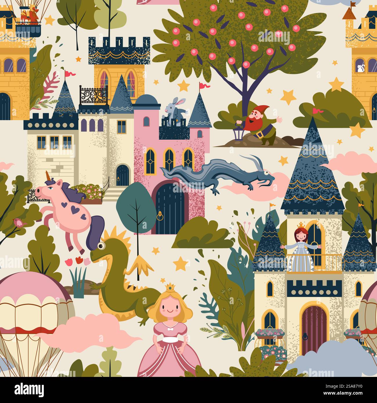 Seamless pattern depicting a fairy tale kingdom with castles, dragons, and unicorns in a ...