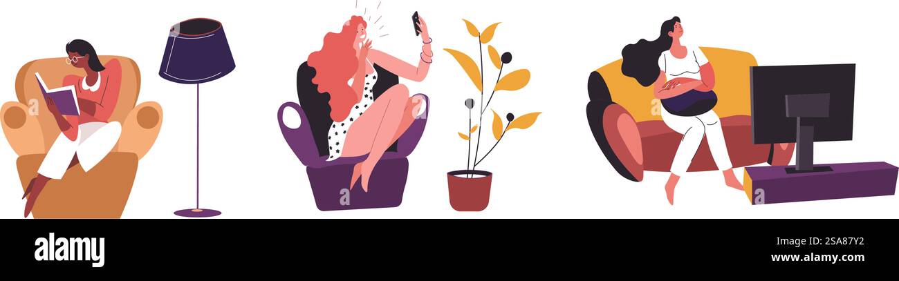 Illustration of people engaging in cozy indoor activities like reading ...