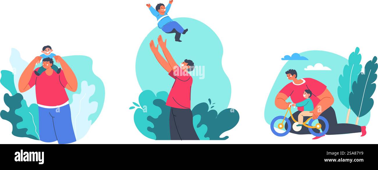 Vector illustration of fathers engaging with their children in various ...
