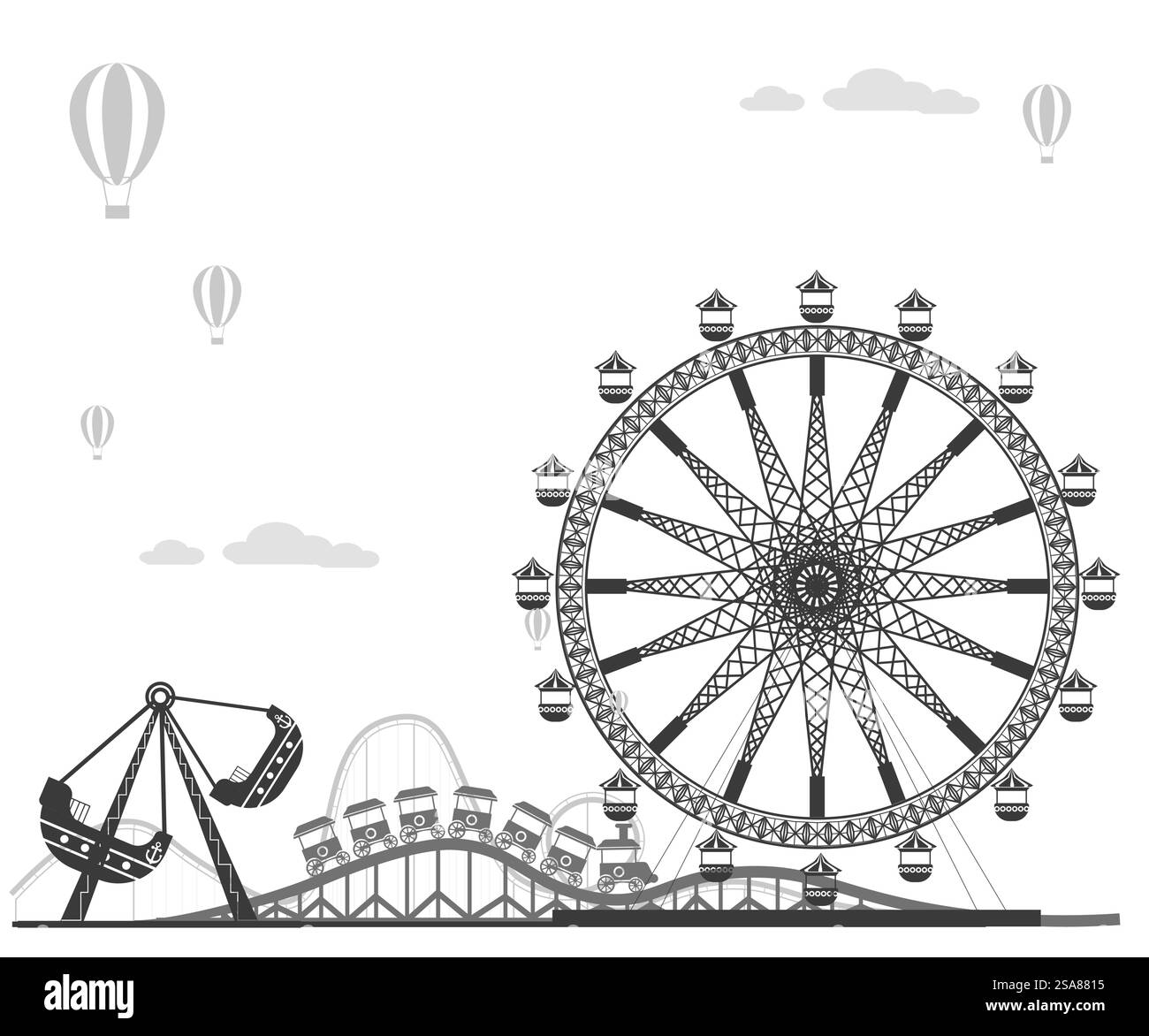 A grayscale vector illustration of a panoramic amusement park scene ...