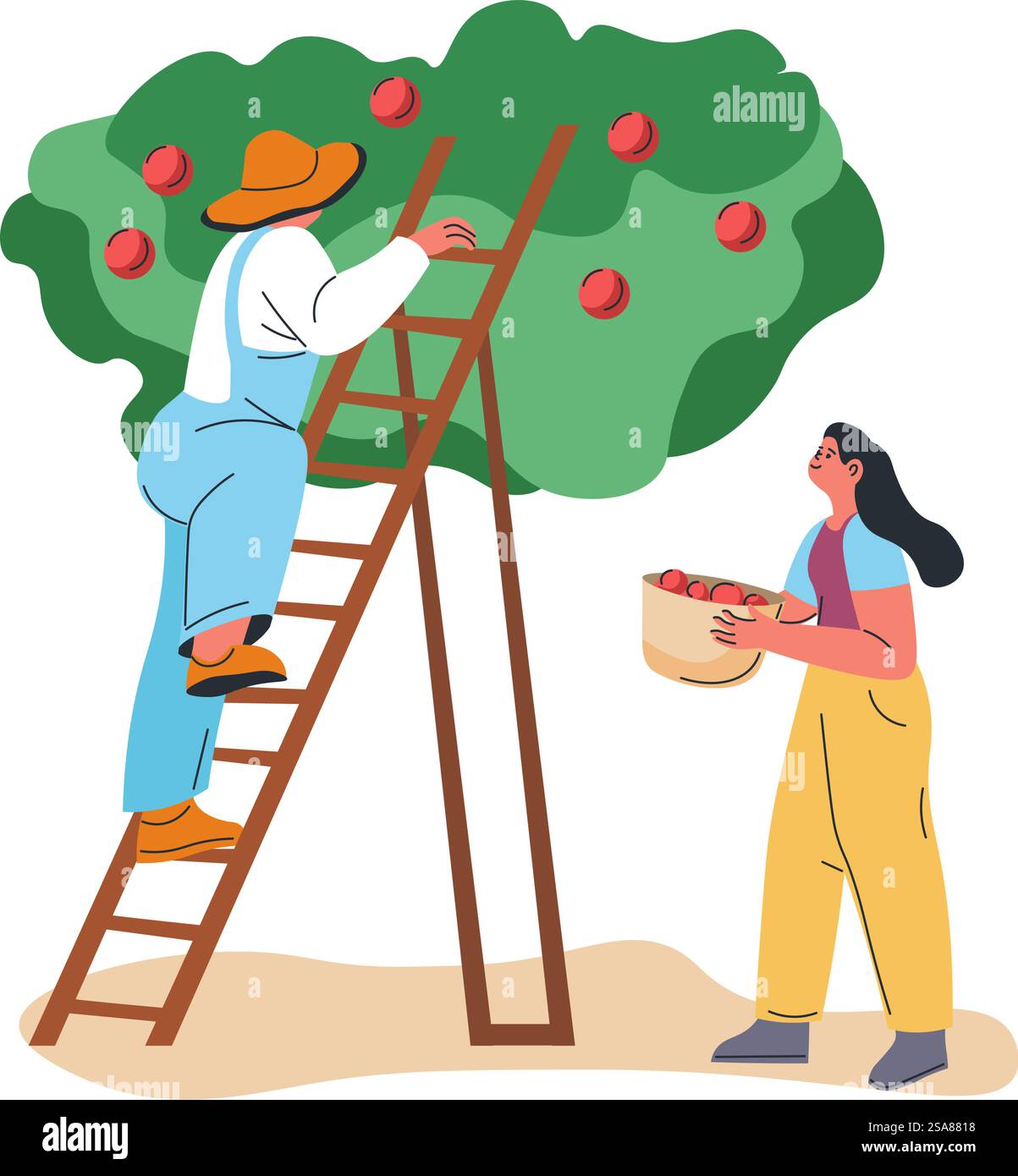 Illustration of farmers picking apples from a tree. The style is modern ...